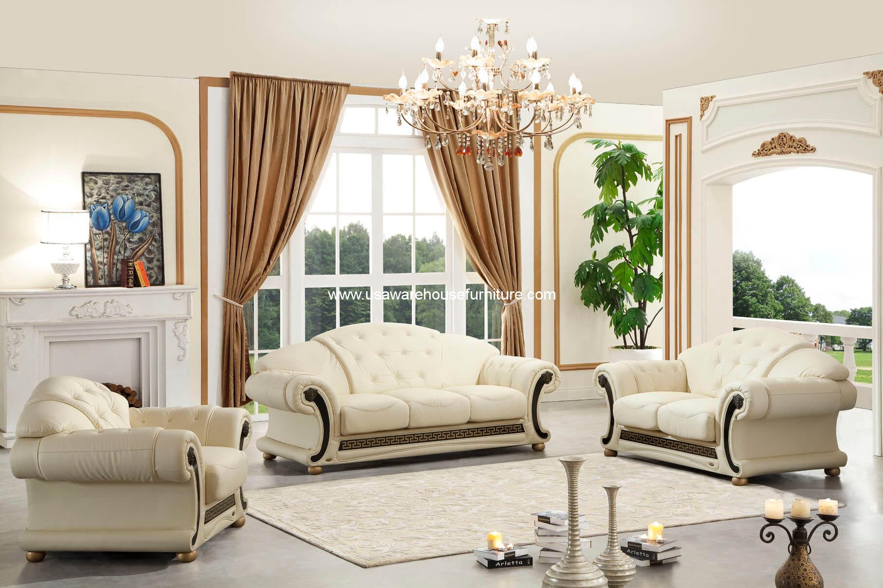 3 Piece Versace Italian Beige Leather Living Set - USA Warehouse Furniture