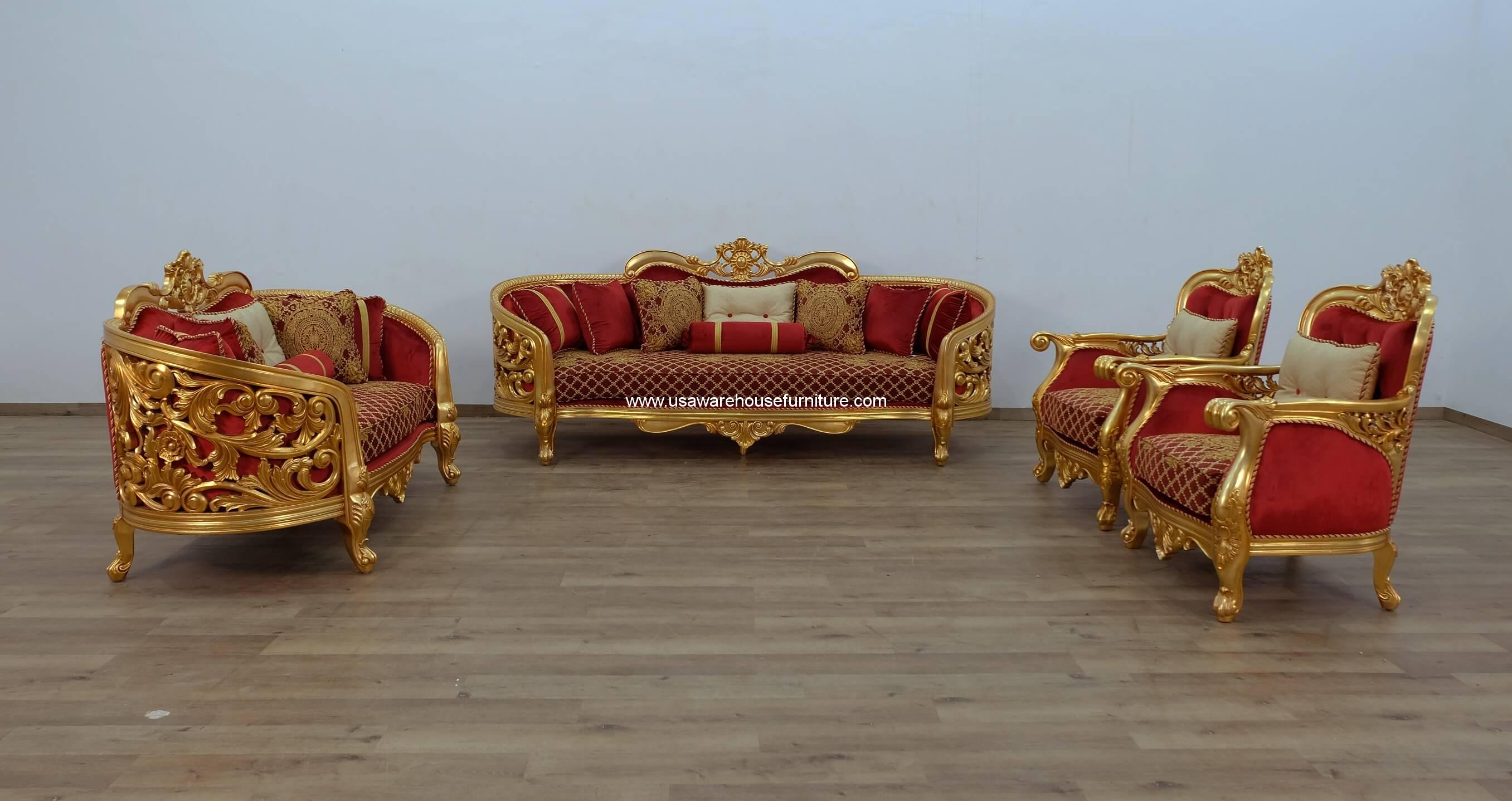 Bellagio II Gold Wood Trim Sofa Set Red-Gold - USA Warehouse Furniture
